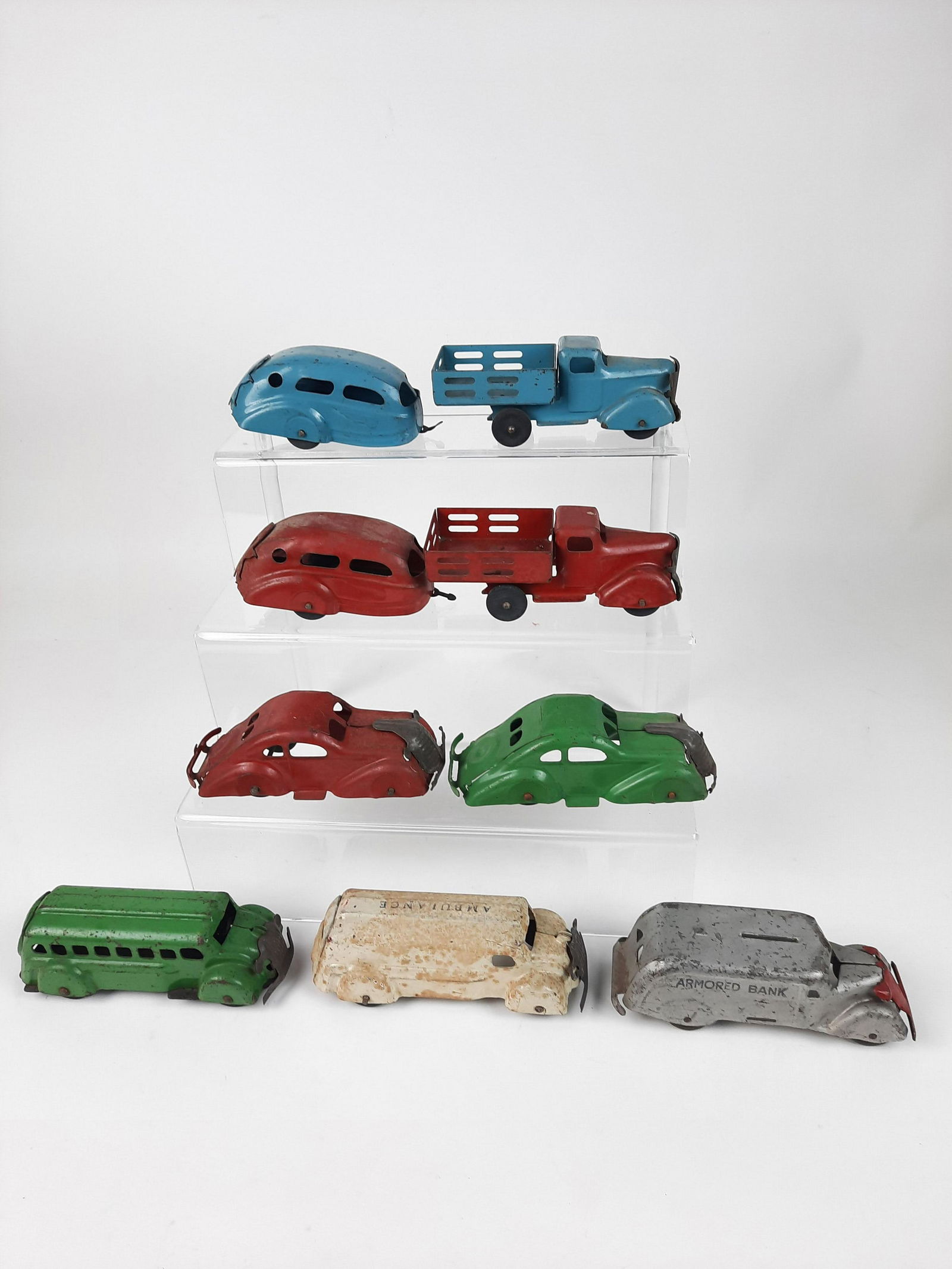 9 Vintage Tin Cars, Trucks And Trailers