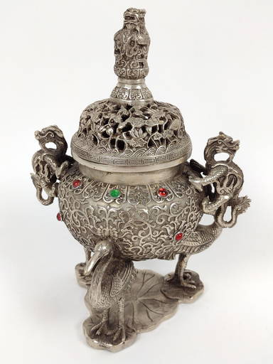 Tibetan Silver Censor With Cranes And Dragons