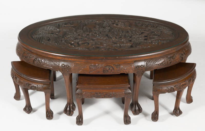 Chinese Carved Tea Table And 6 Stools