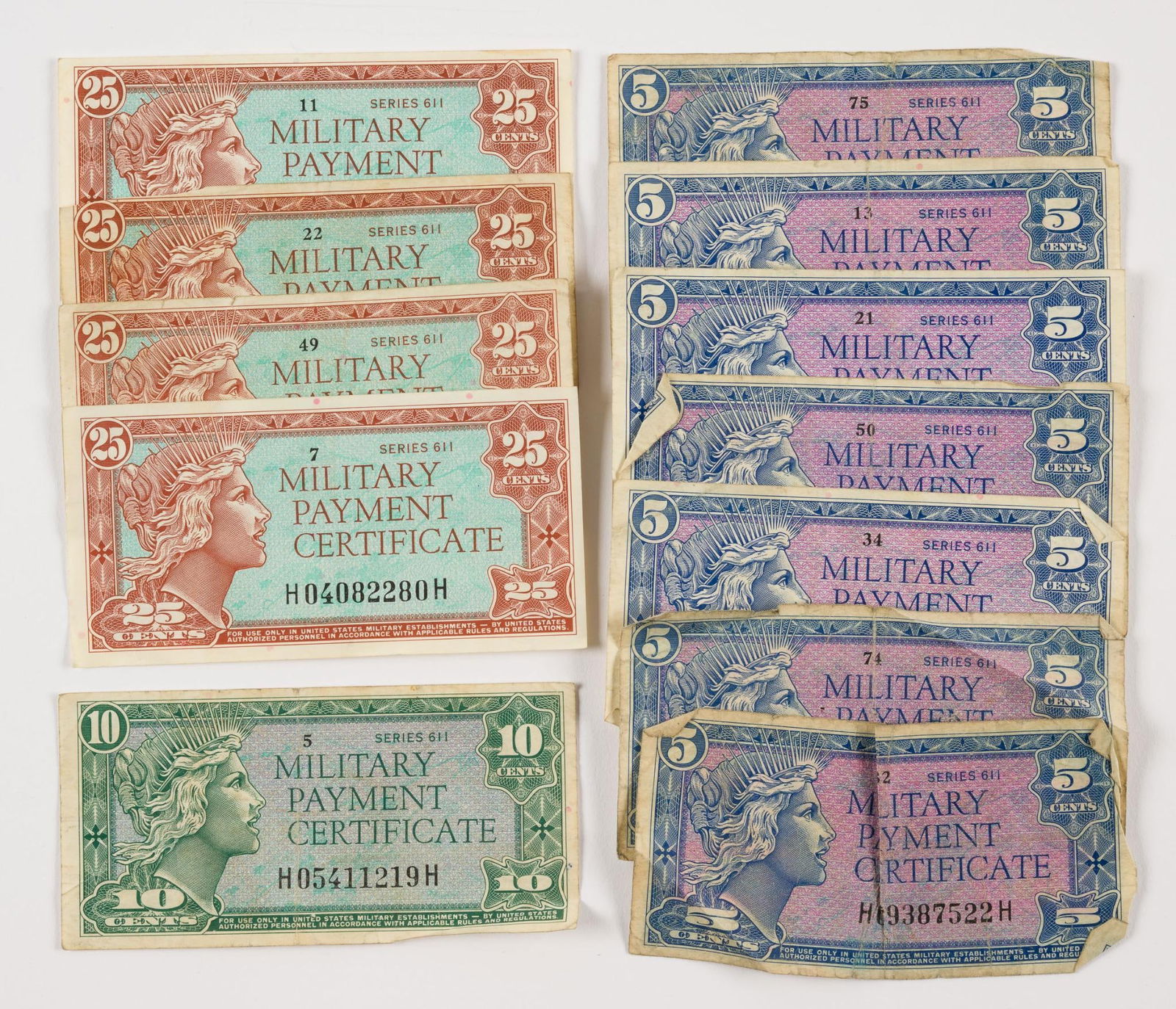 12 Series 611 Military Payment Certificates - 5, 10, 25 Cents Auction