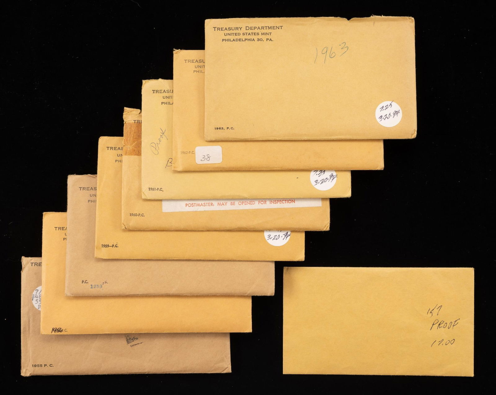 Silver Proof Sets In Treasury Department Envelopes 1955 - 1963 Auction