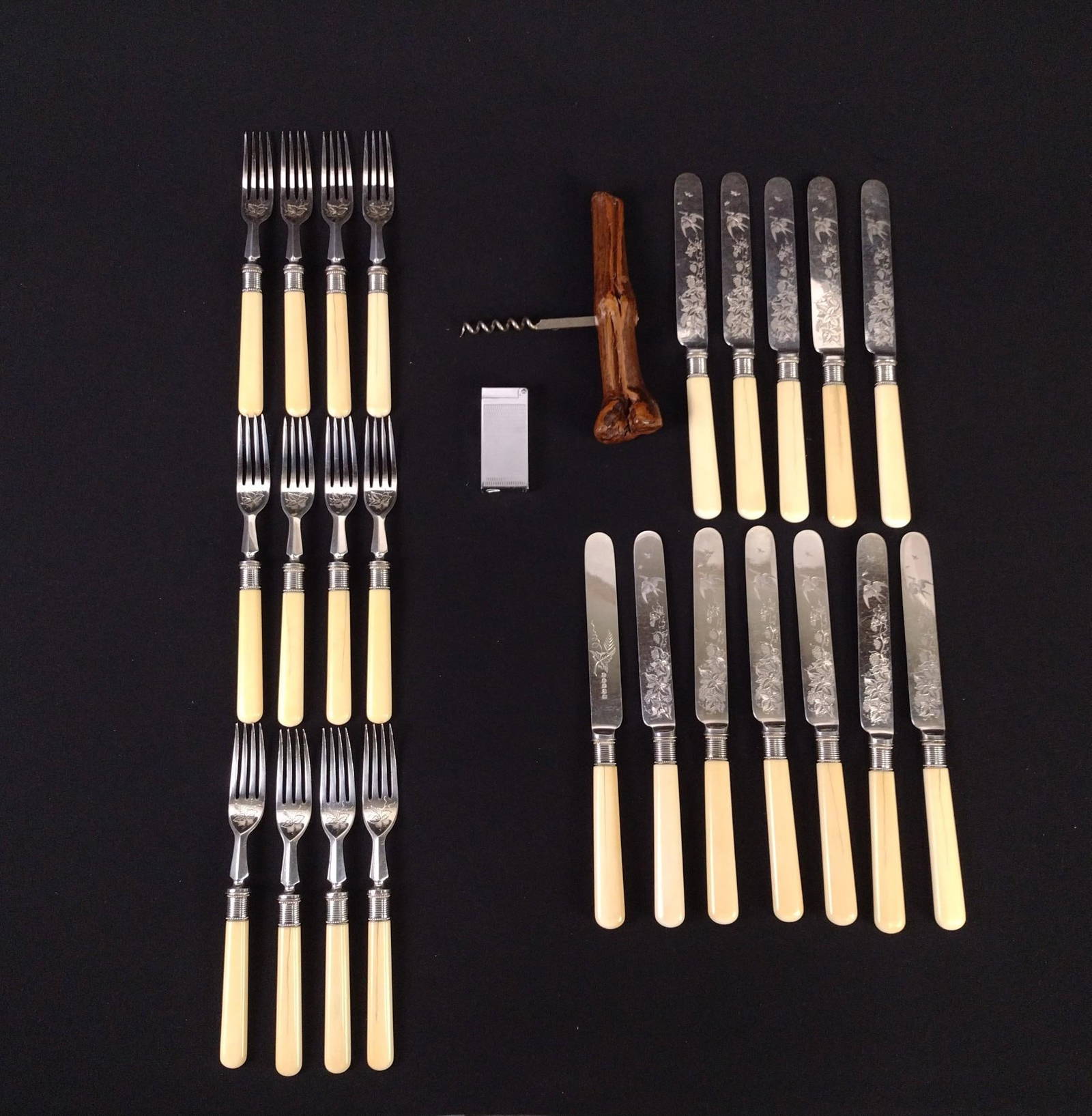 26 Pcs Incl Bone Handled Flatware, Cork Skrew And Lighter Auction