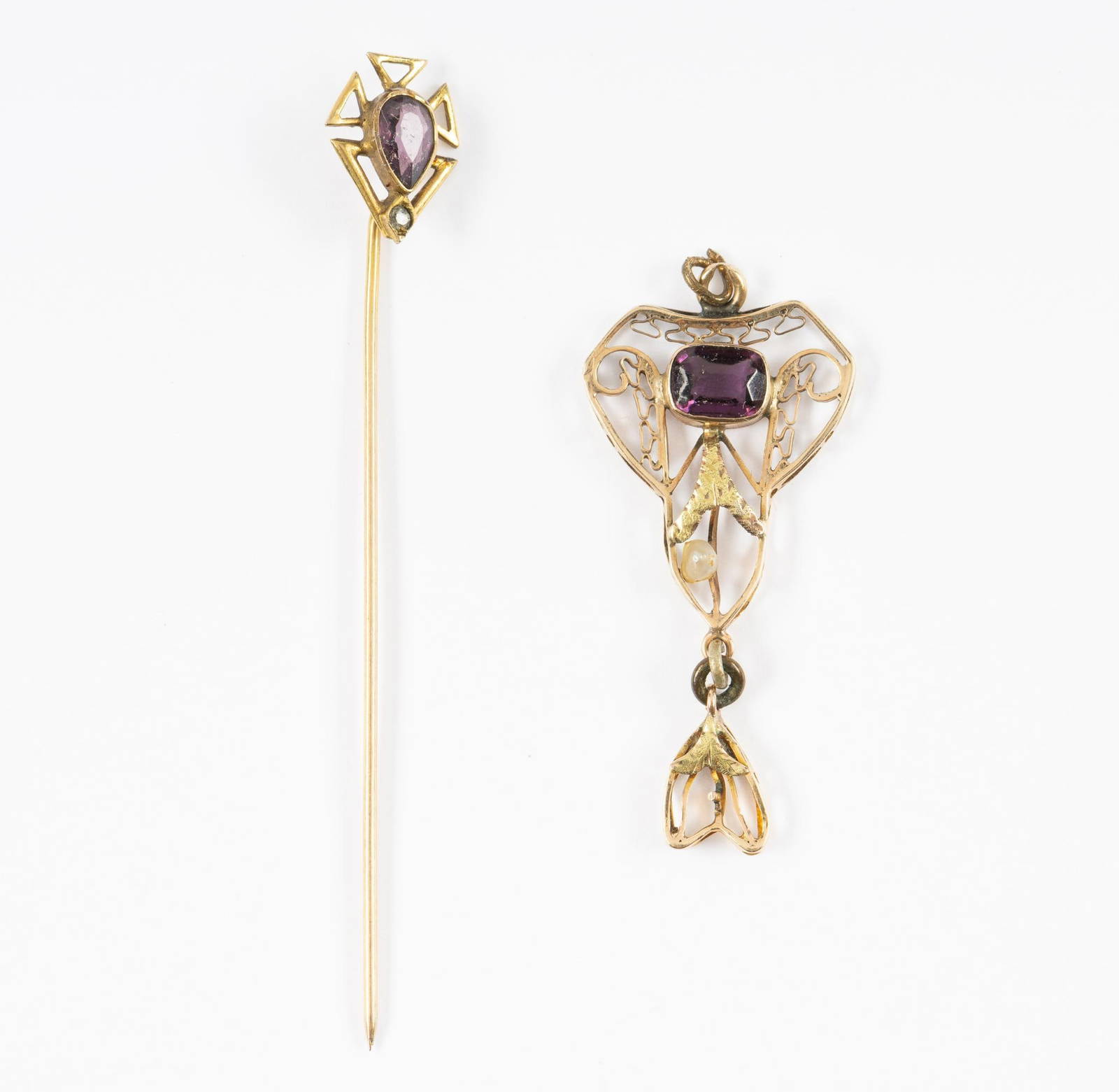 Antique 10k Gold & Amethyst Stick Pin And Lavaliere Auction