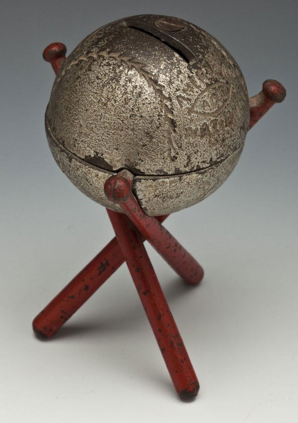 150: 1914 Hubley Cast Iron Baseball on 3 Bats Bank : Lot 150