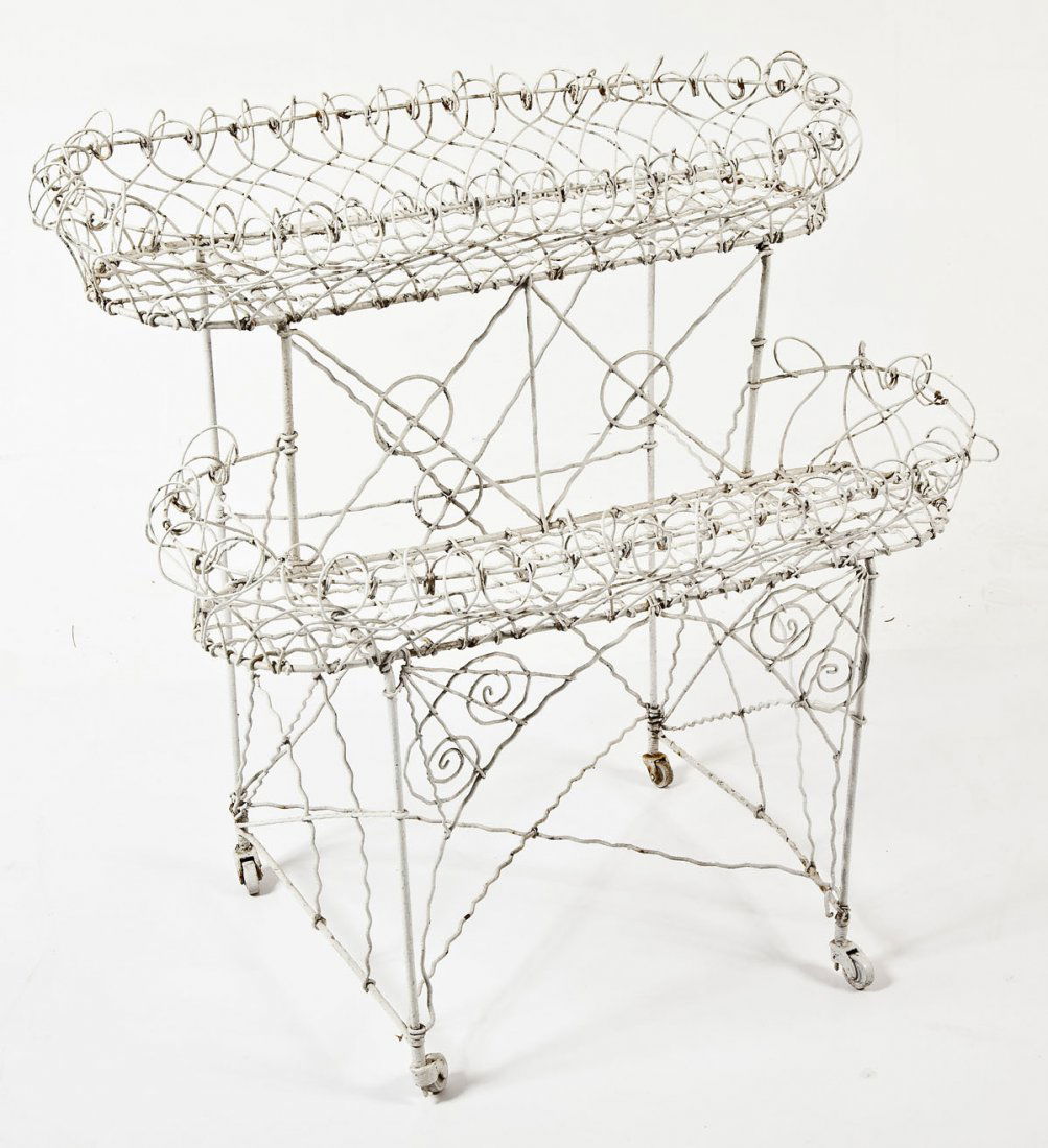 French White Painted Wire Two-Tiered Plant Stand