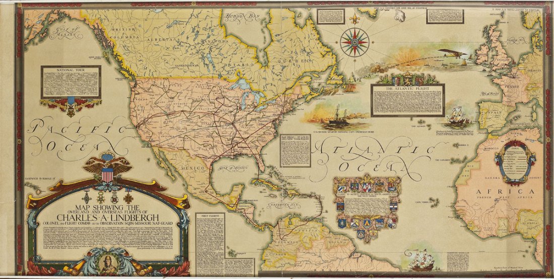 1928 Map Of Charles Lindbergh's Flights