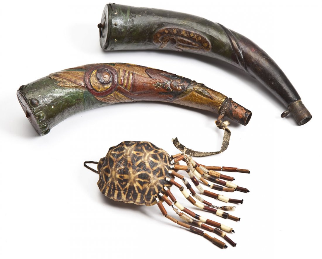 2 Carved Powder Horns & Beaded Turtle Shell