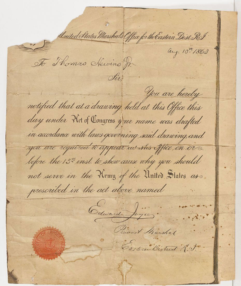1863 Rhode Island Civil War Draft Letter - Nov 30, 2014 | Cordier ...