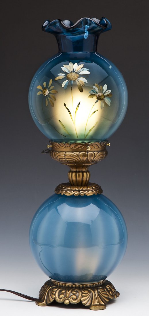 C. Smith Handpainted Blue Glass Fenton Lamp