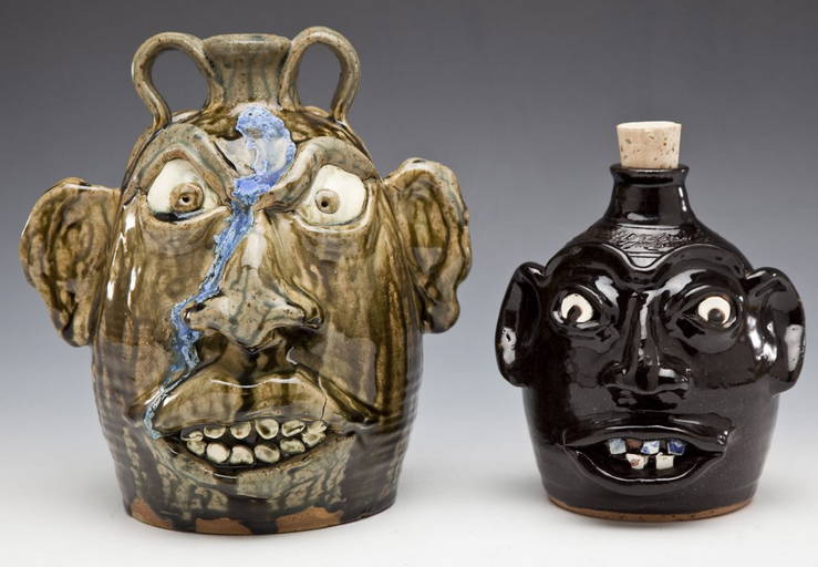Pair Of Southern Folk Art Grotesque Face Jugs