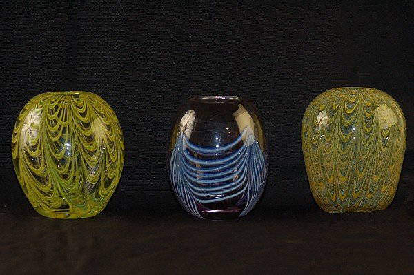 3 Signed Dominick Labino Art Glass Swirl Vases