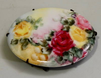 Antique Porcelain Hand Painted Rose Brooch