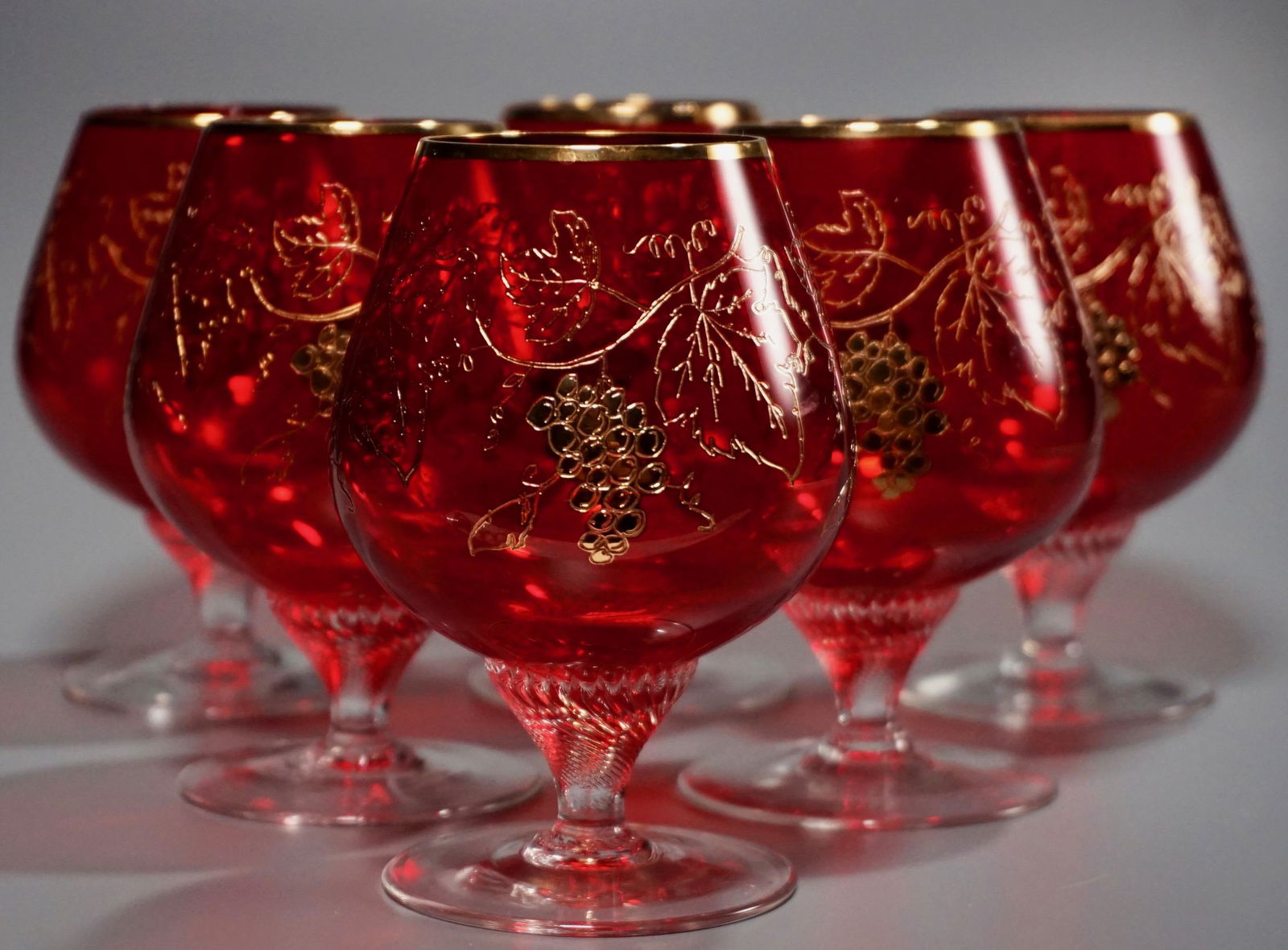 Ruby Red Italian Art Glass Brandy Snifters Gold Grape
