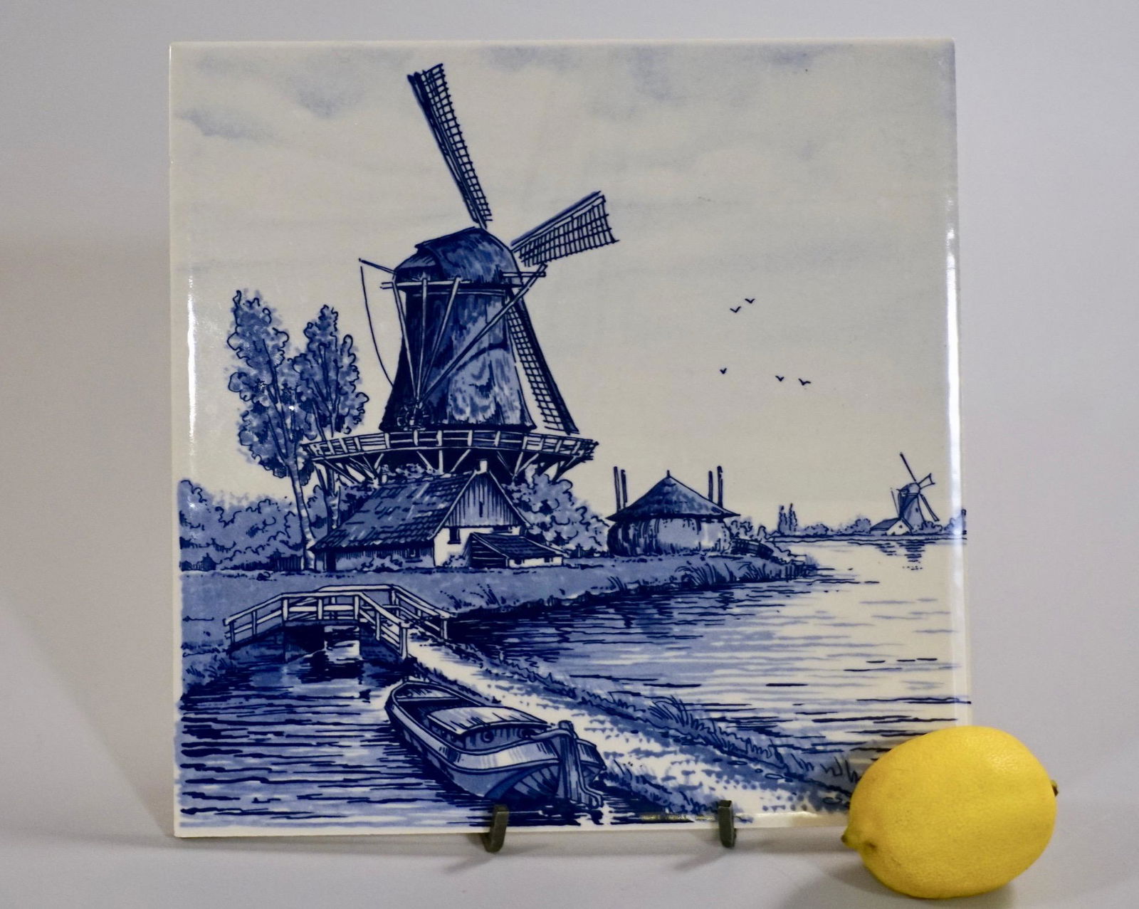 Vintage Blue Delft Windmill Handpainted Tile Made In