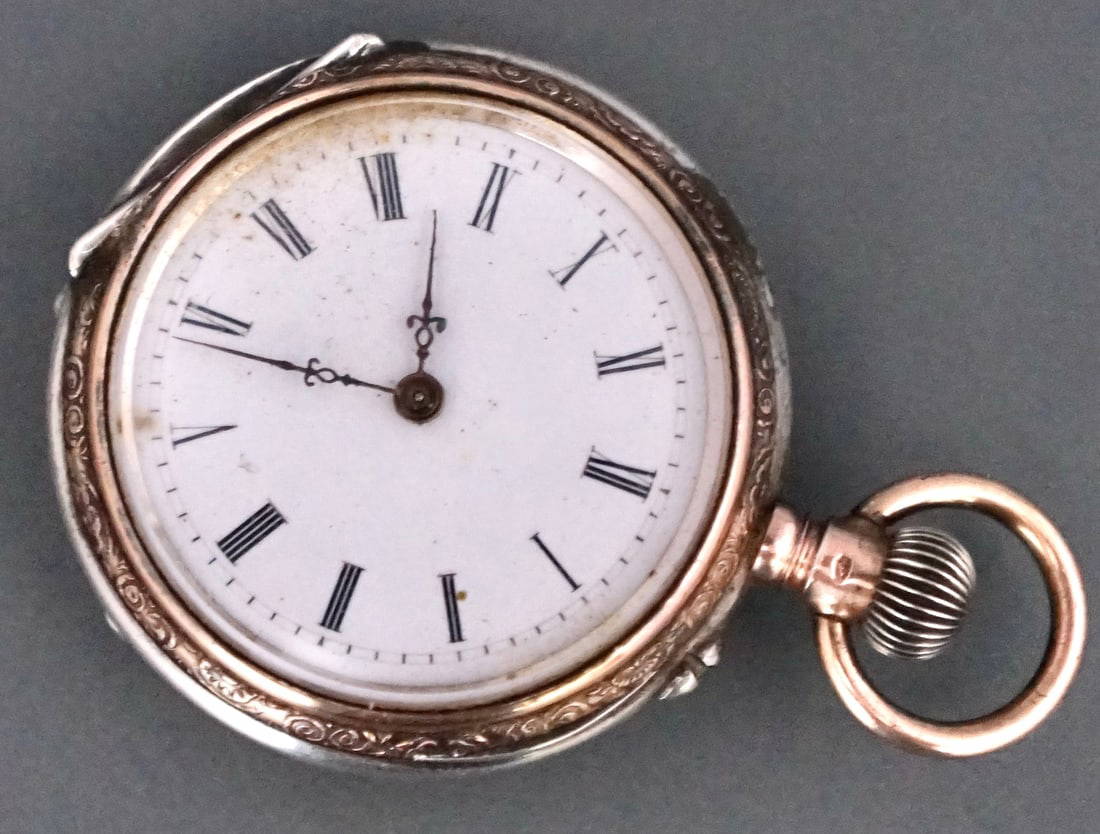 Antique German 800 Silver Pocket Watch With Gold Trim Cylindre 8 Rubis ...