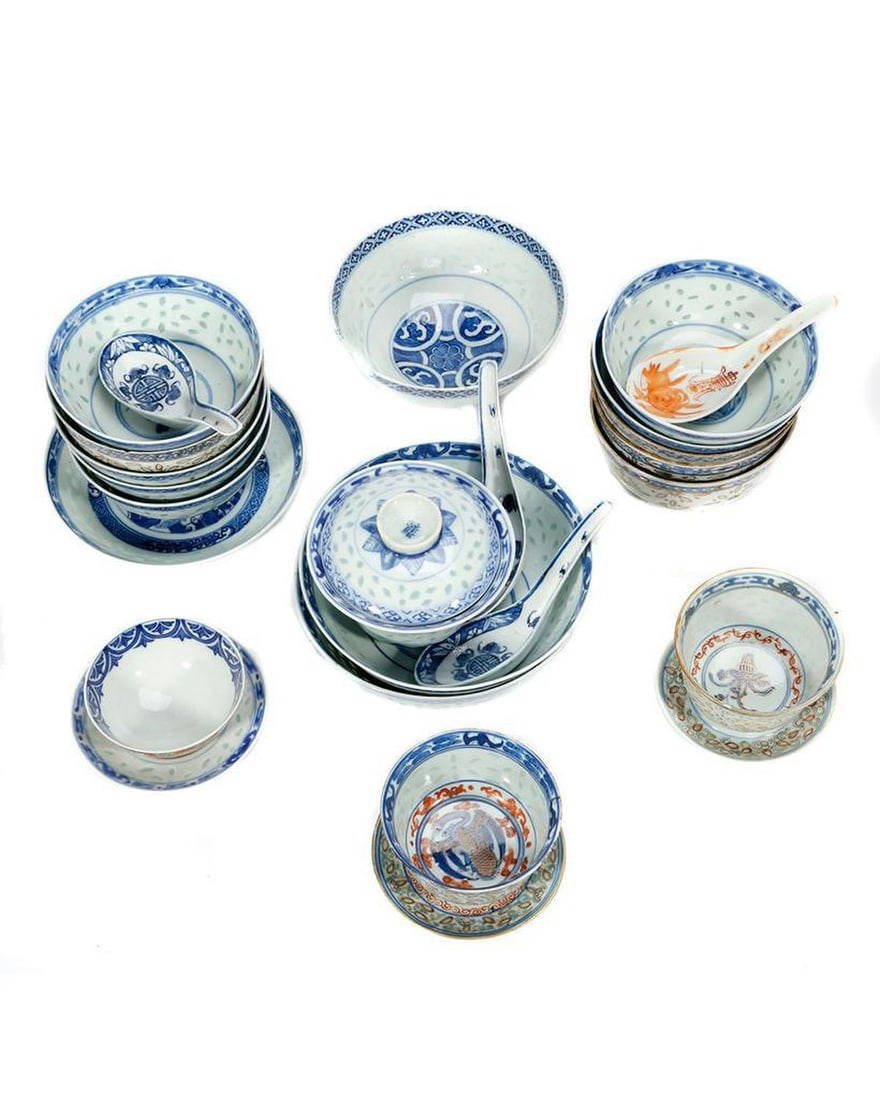 Chinese Rice Pattern Porcelain, Assorted Group. Auction