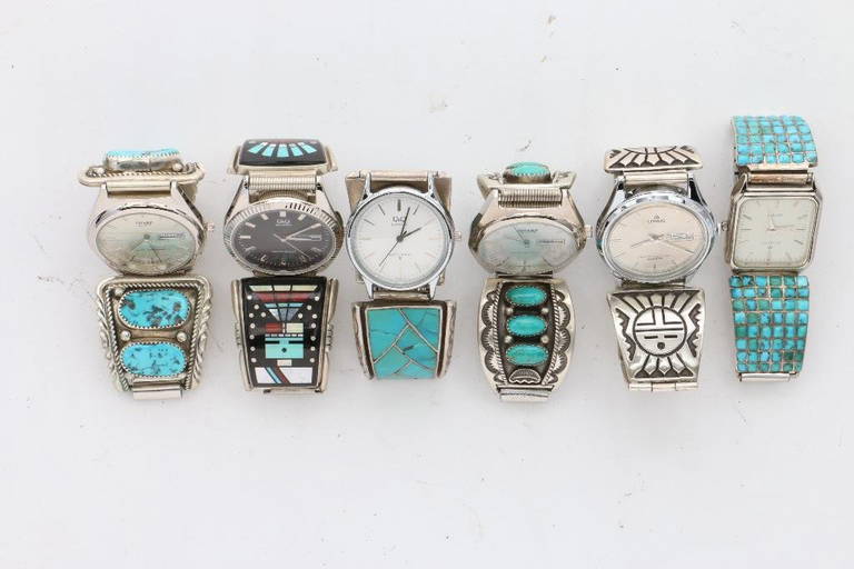 Six (6) Native American Turquoise Silver Watch Bands