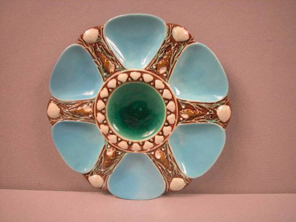 Minton Turquoise 6 Well Oyster Plate With Green Ce