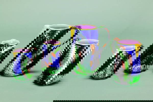 Majolica Set Of 4 Cobalt Fish Pitchers