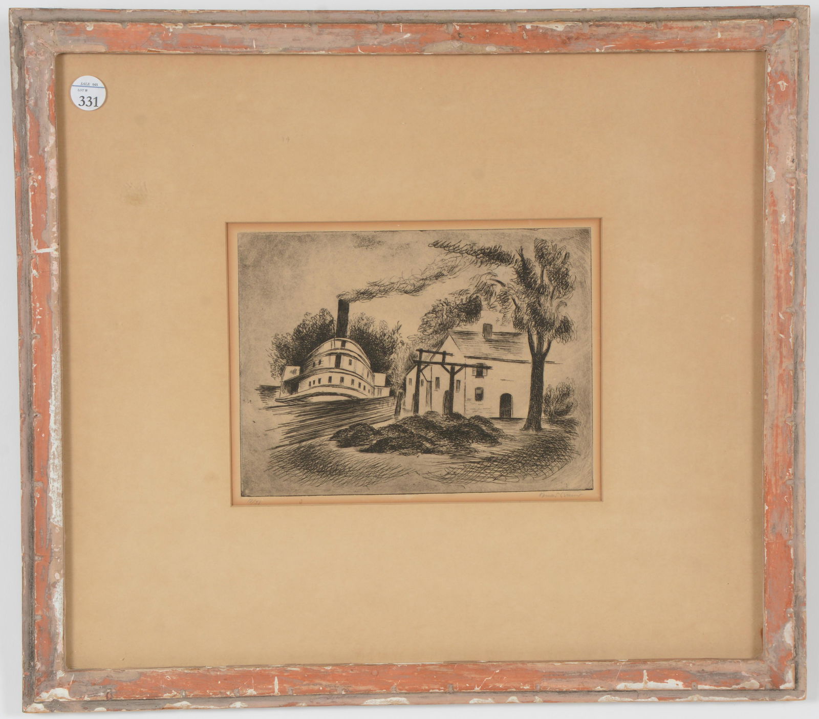 Konrad Cramer. Original lithograph of a steamboat docked by a building ...