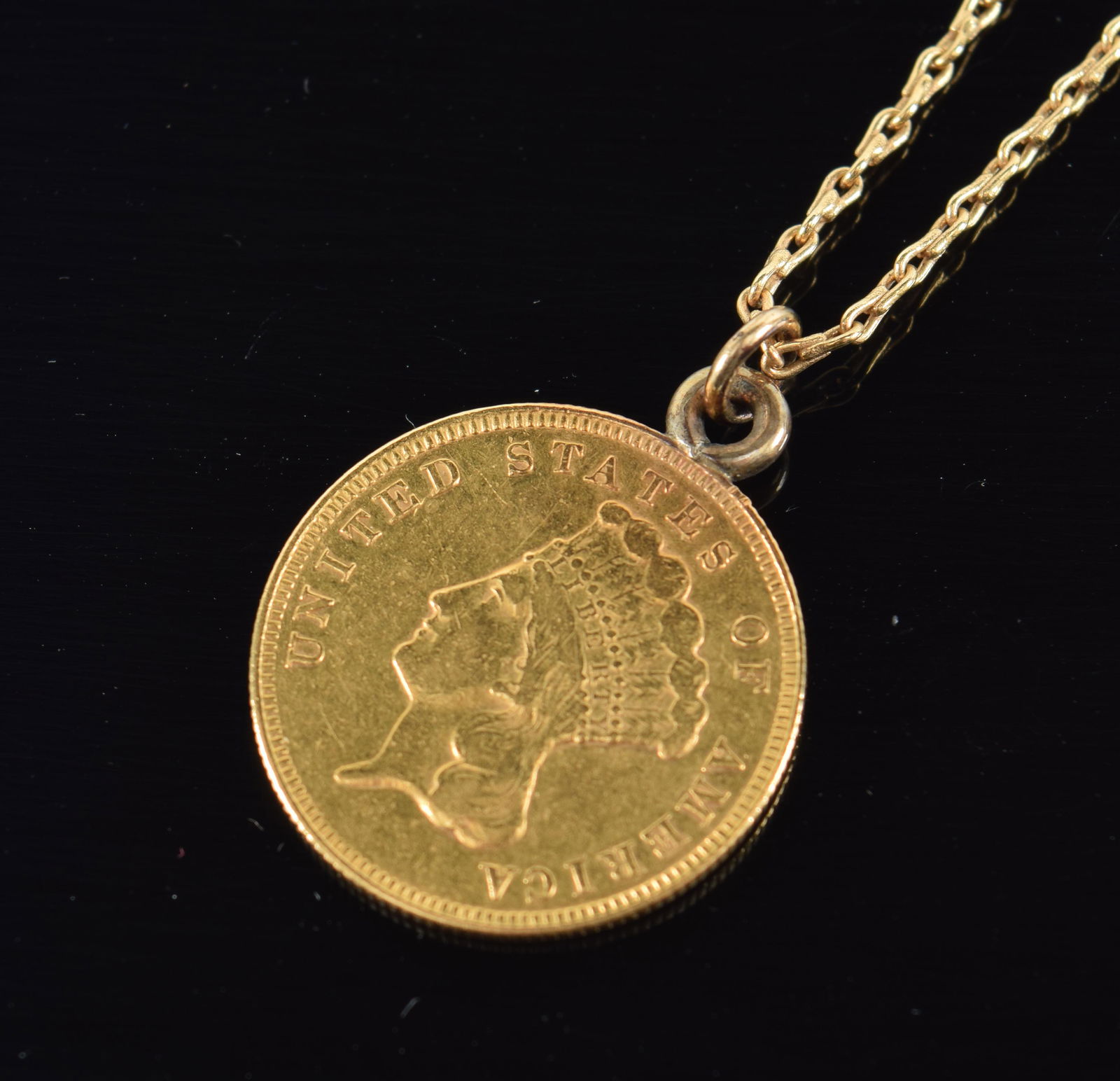 1874 $3 American Gold Coin Mounted Necklace. 14k Chain. 8.5 Grams Total.