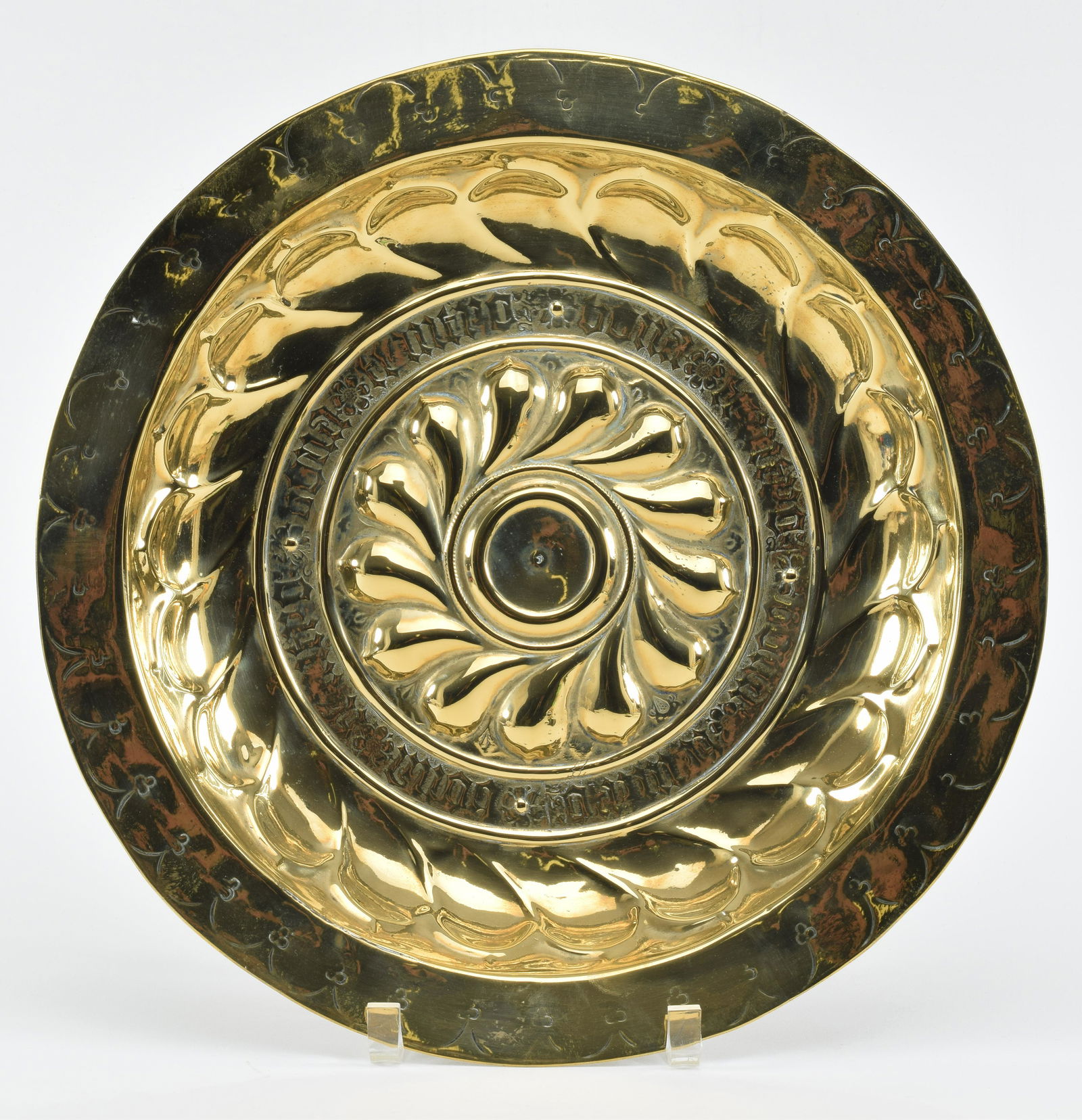 Brass Alms Plate With Latin Motto And Pinwheel Decoration, 17th Century ...