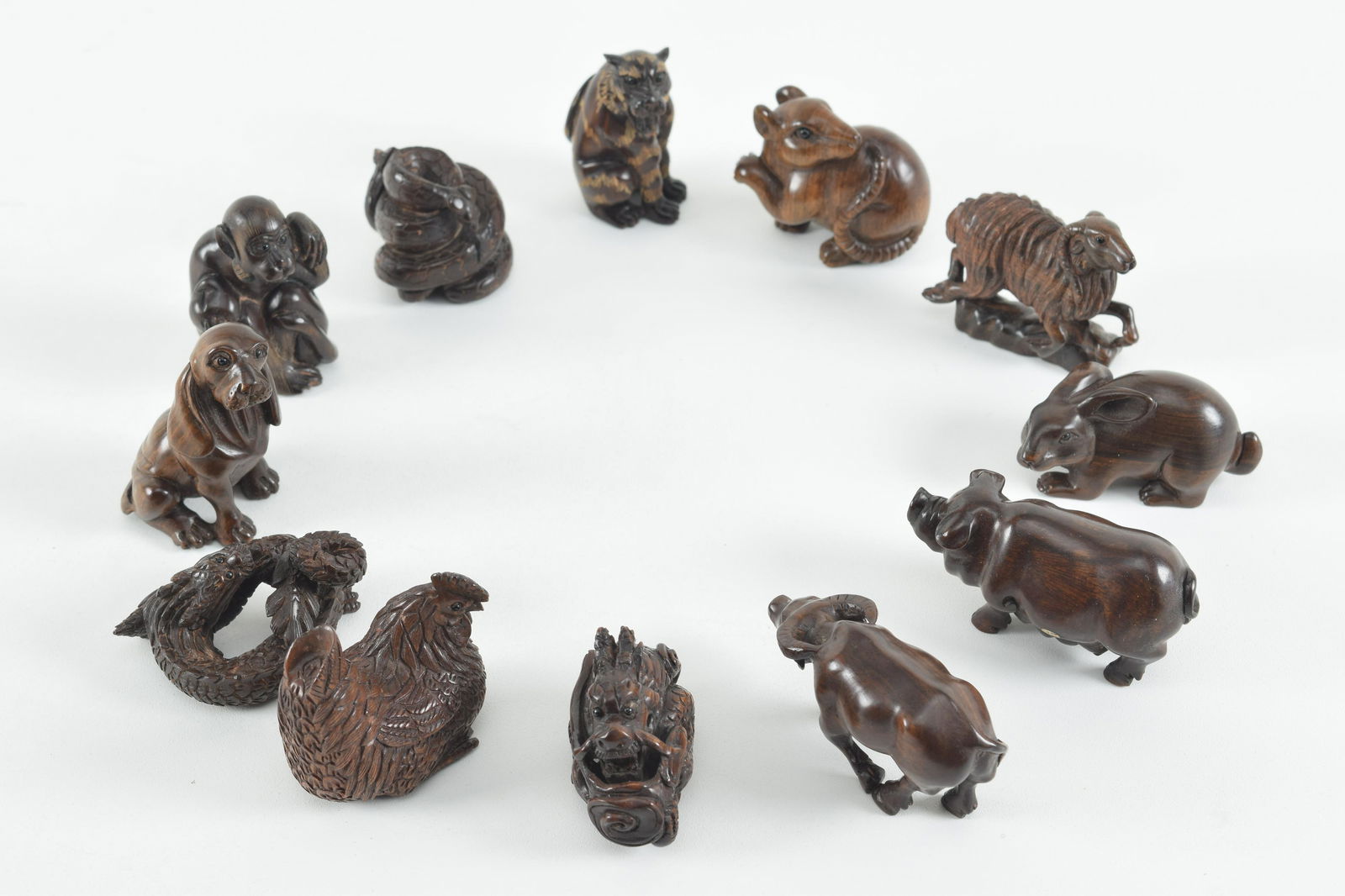 Set Of 12 Wooden Netsuke. Japan. 20th Century. Animals Of The Zodiac ...
