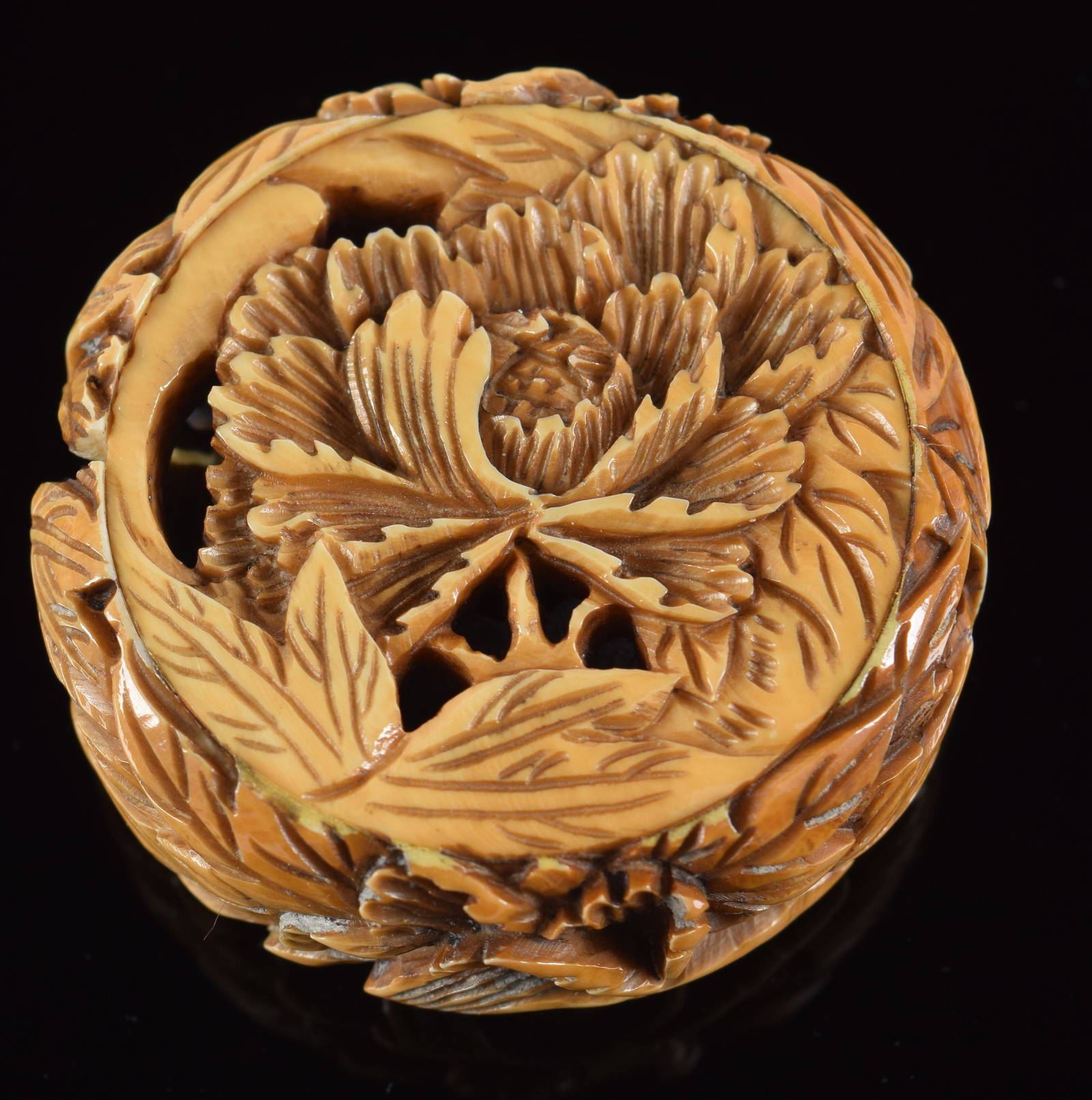 Manju Netsuke. Japan. 19th Century. Surface Carved With Flowers. Signed ...