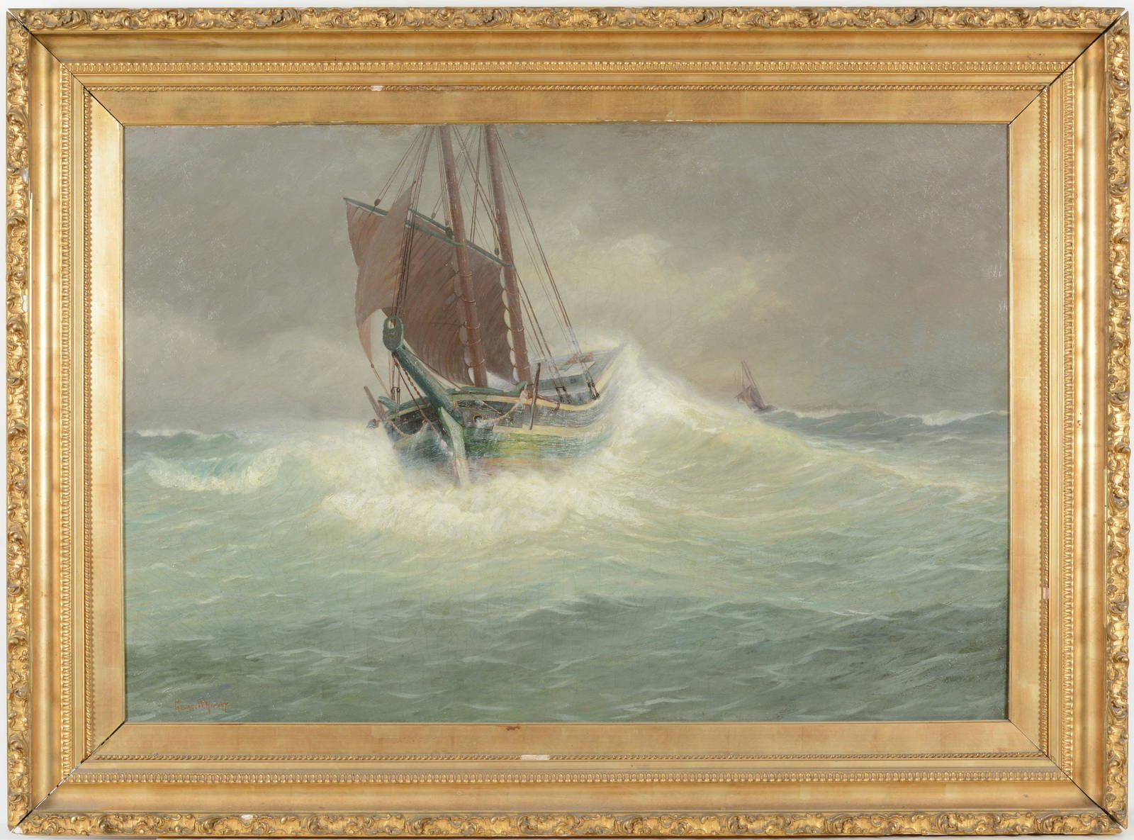 George W. Harvey. Large Seascape With Boats In A Stormy Sea. Oil On ...