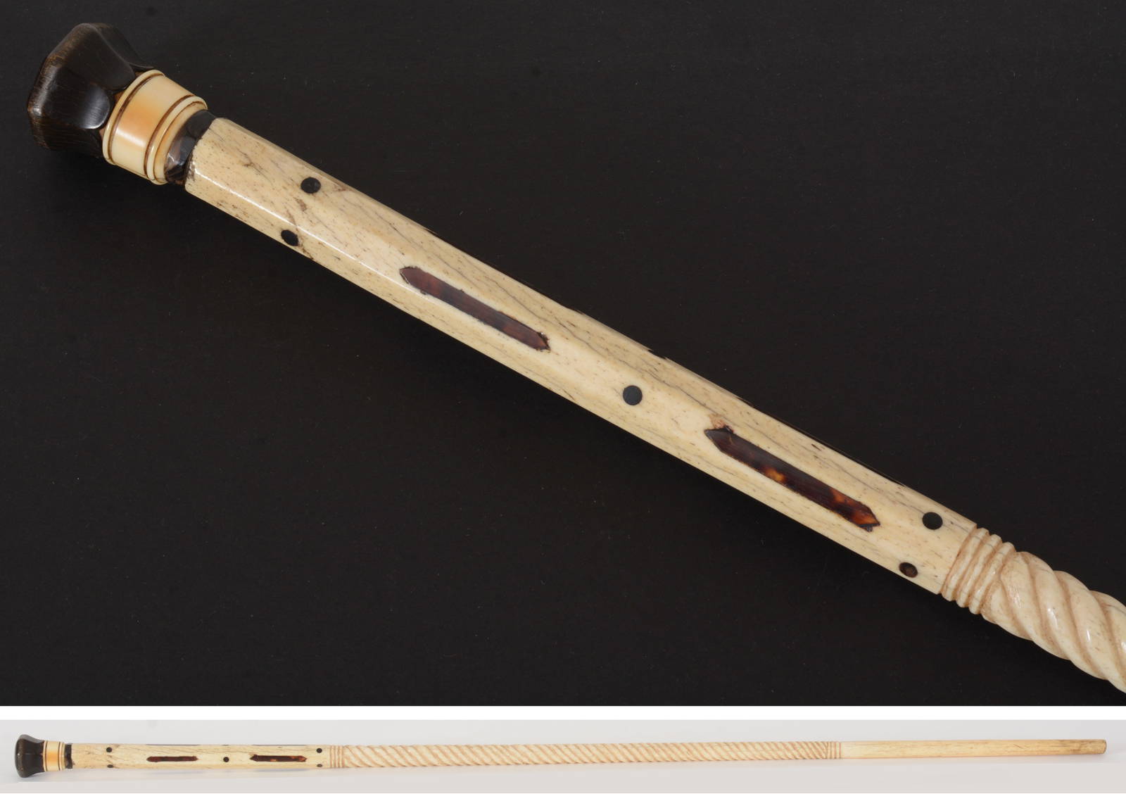 Sailor Made Carved Bone, Ebony And Inlaid Walking Stick, 19th Century ...