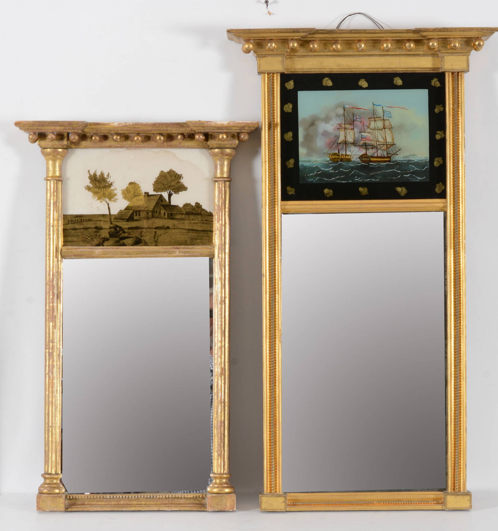 Two Federal Mirrors With Overhanging Cornices And Reverse Painted ...