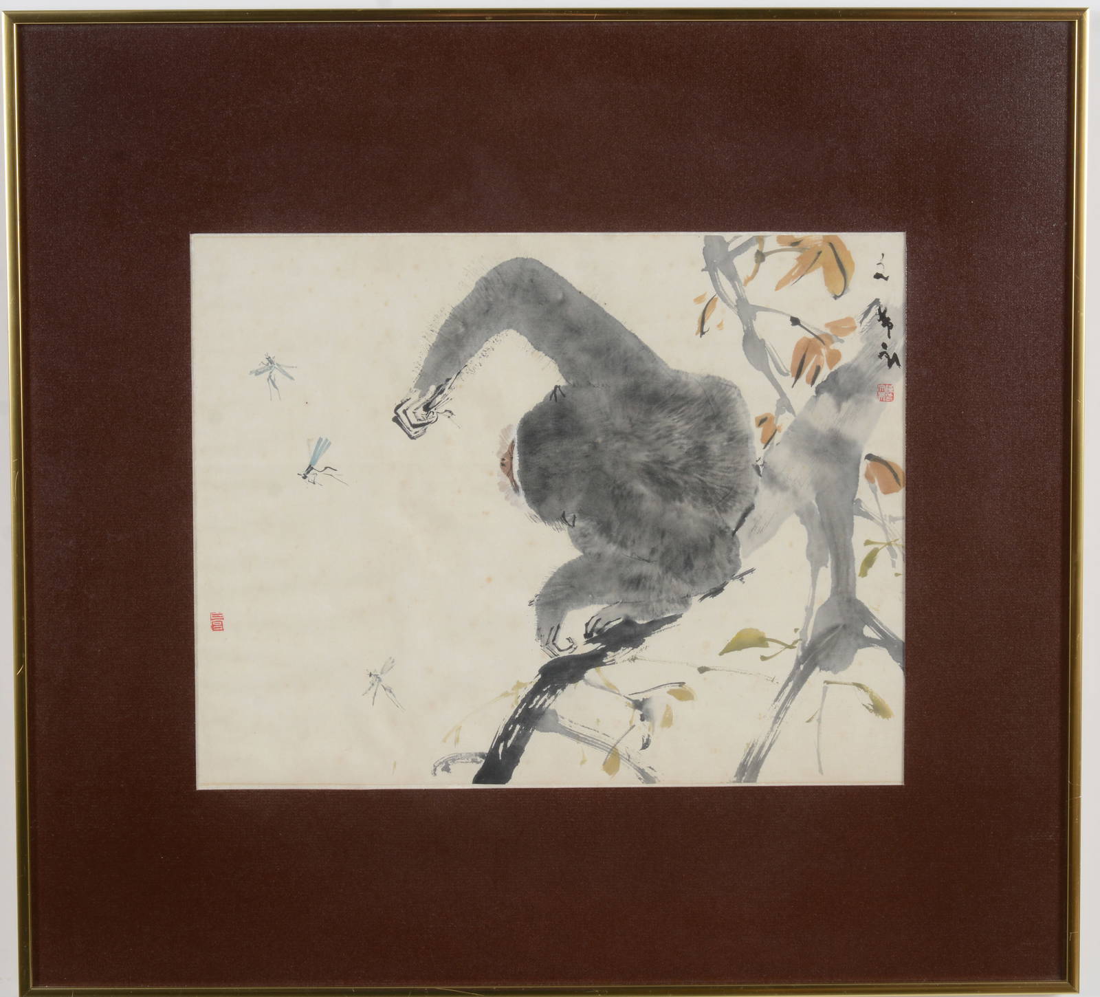 Chen Wenxi. China. Watercolor Painting Of A Gibbon Hanging From A Branch Eating Insects From An ...