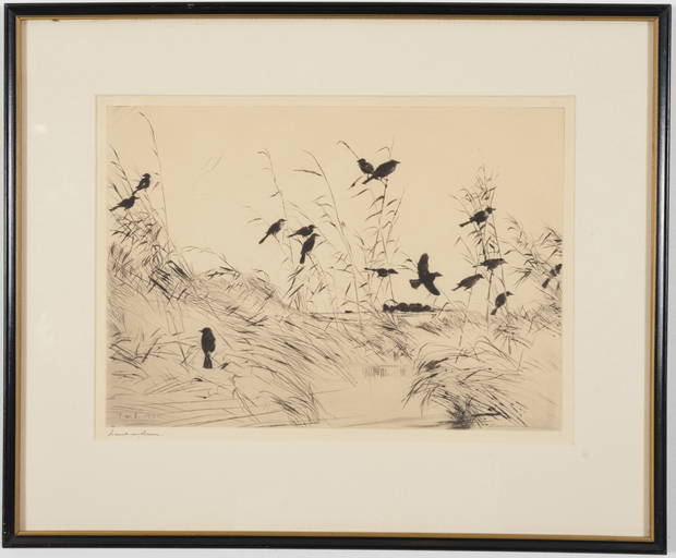 Frank W. Benson, American. Etching Blackbirds And Rushes. Signed And ...