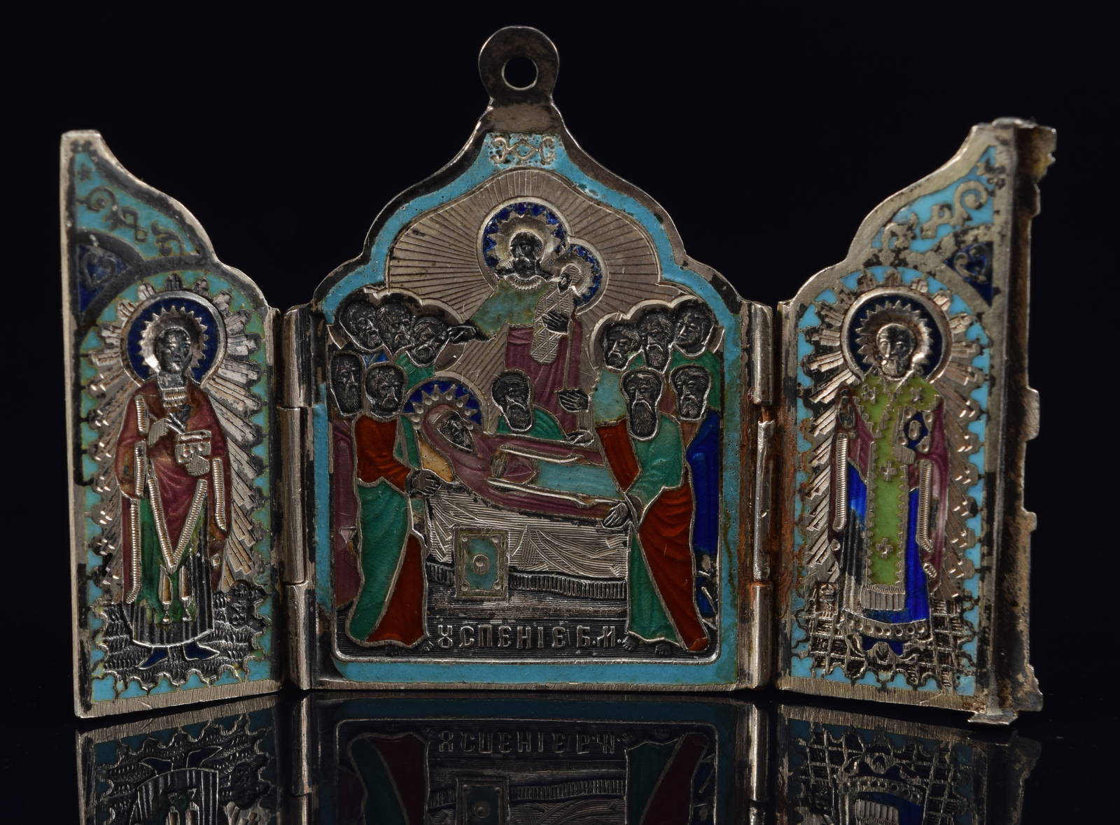 Miniature Russian Enameled Silver Triptych Icon. Small Hinged 3-part Icon. Marked 84 On Front ...