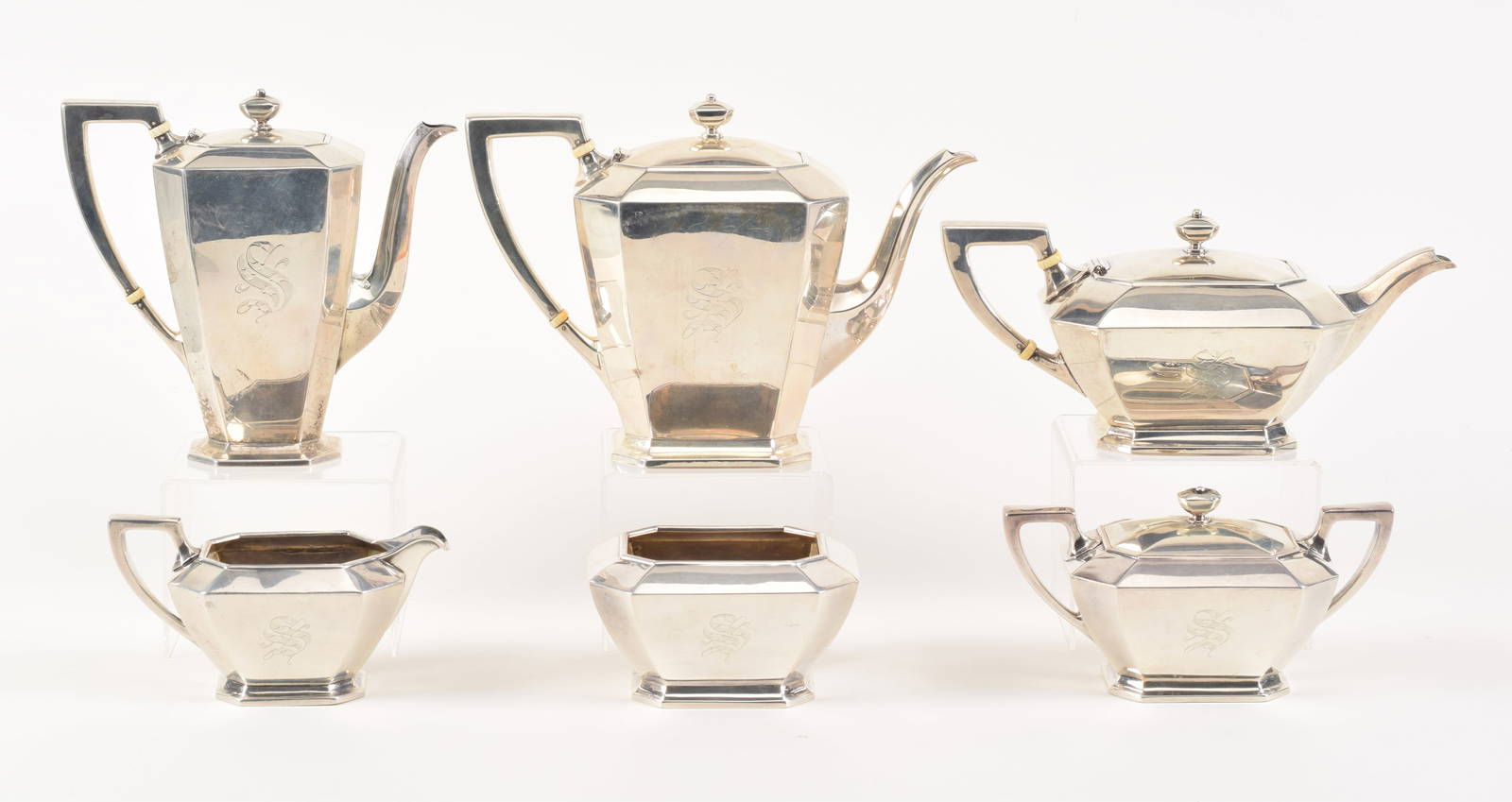 William Durgin Sterling Silver 6 Piece Tea Service. Art Deco Angular ...