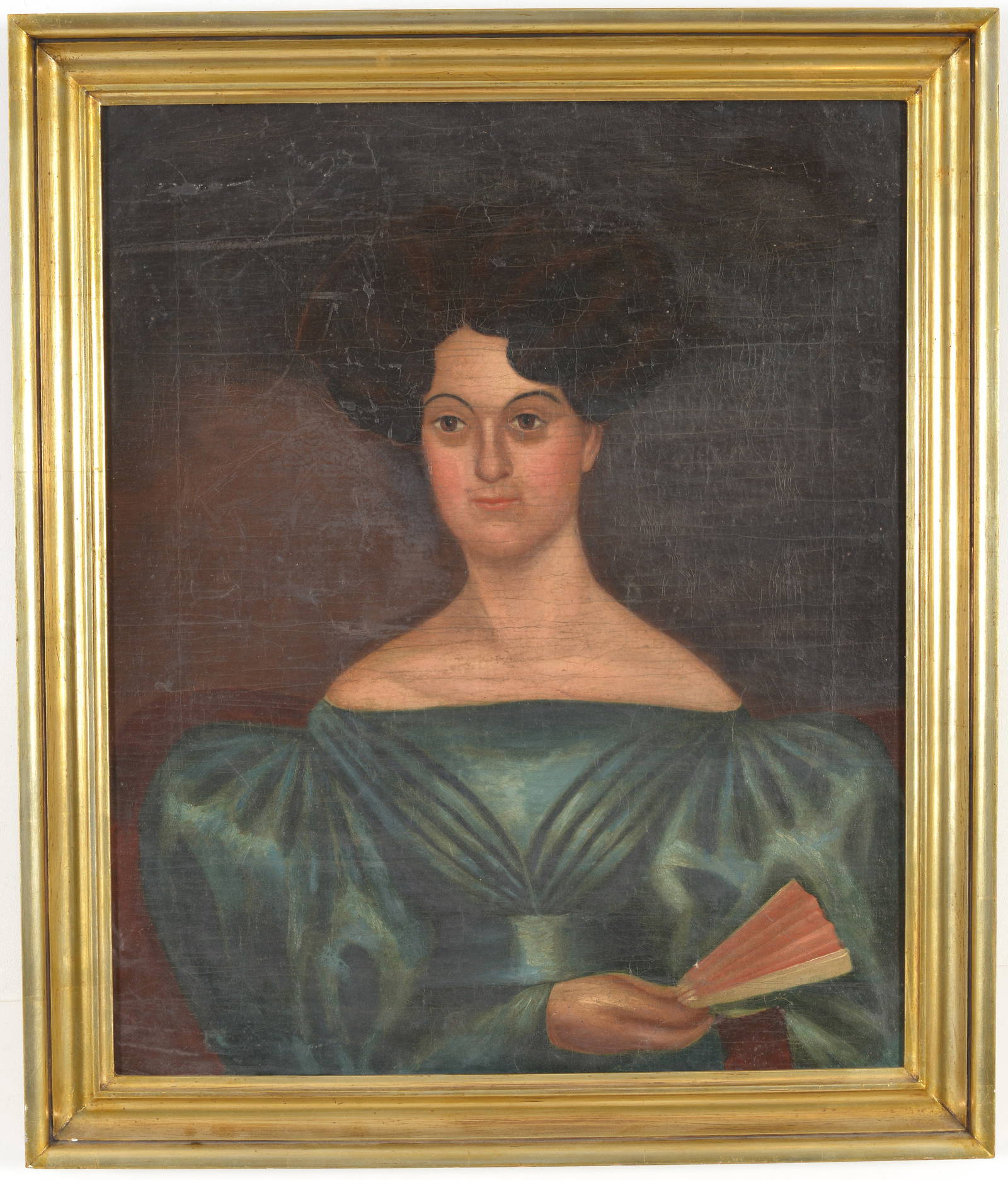 American Folk Art Portrait Of A Woman In A Blue Dress With Fan, 1830-40 ...