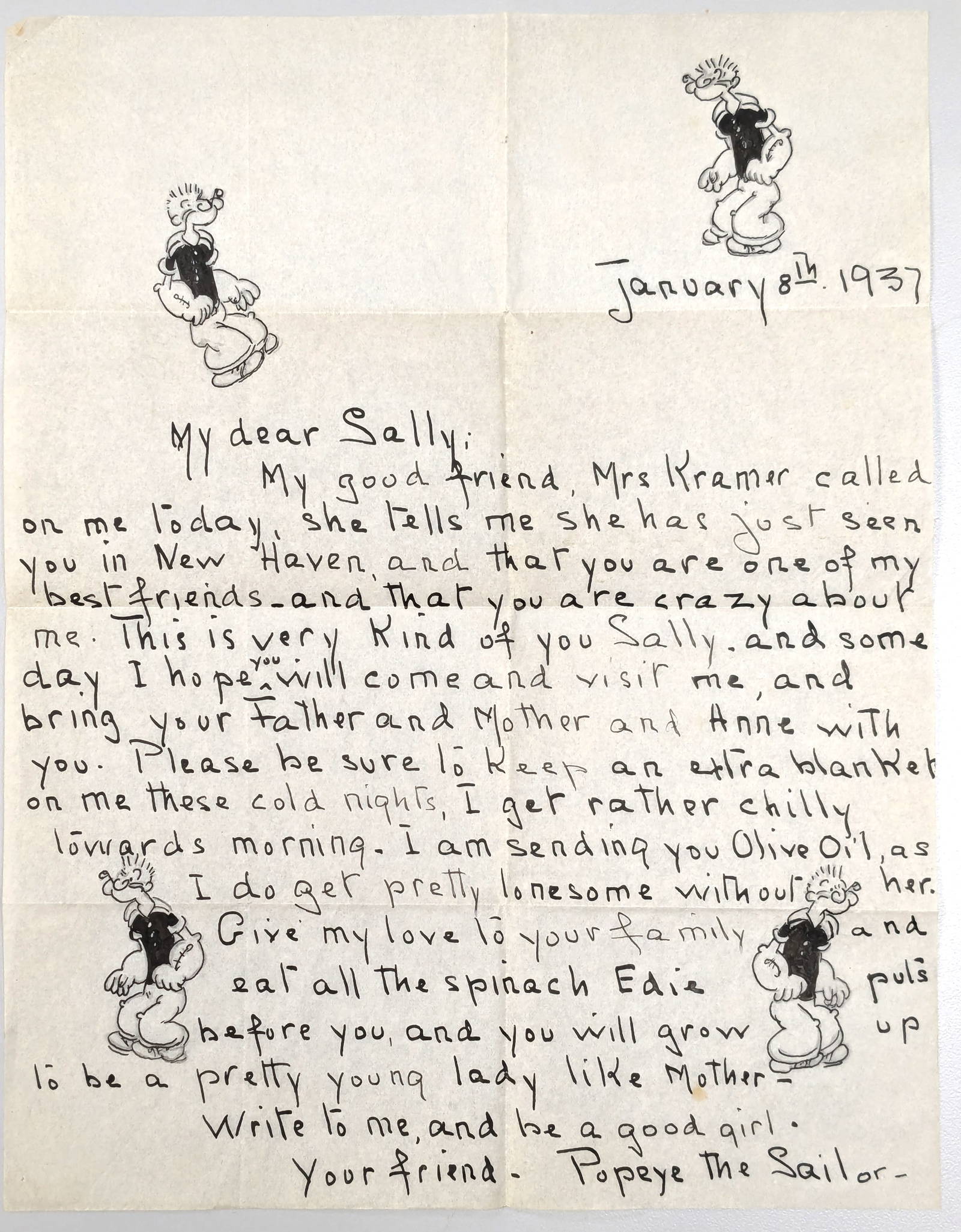 Illustrated Hand Written Letter From Elzie Crisler Segar, Creator Of ...