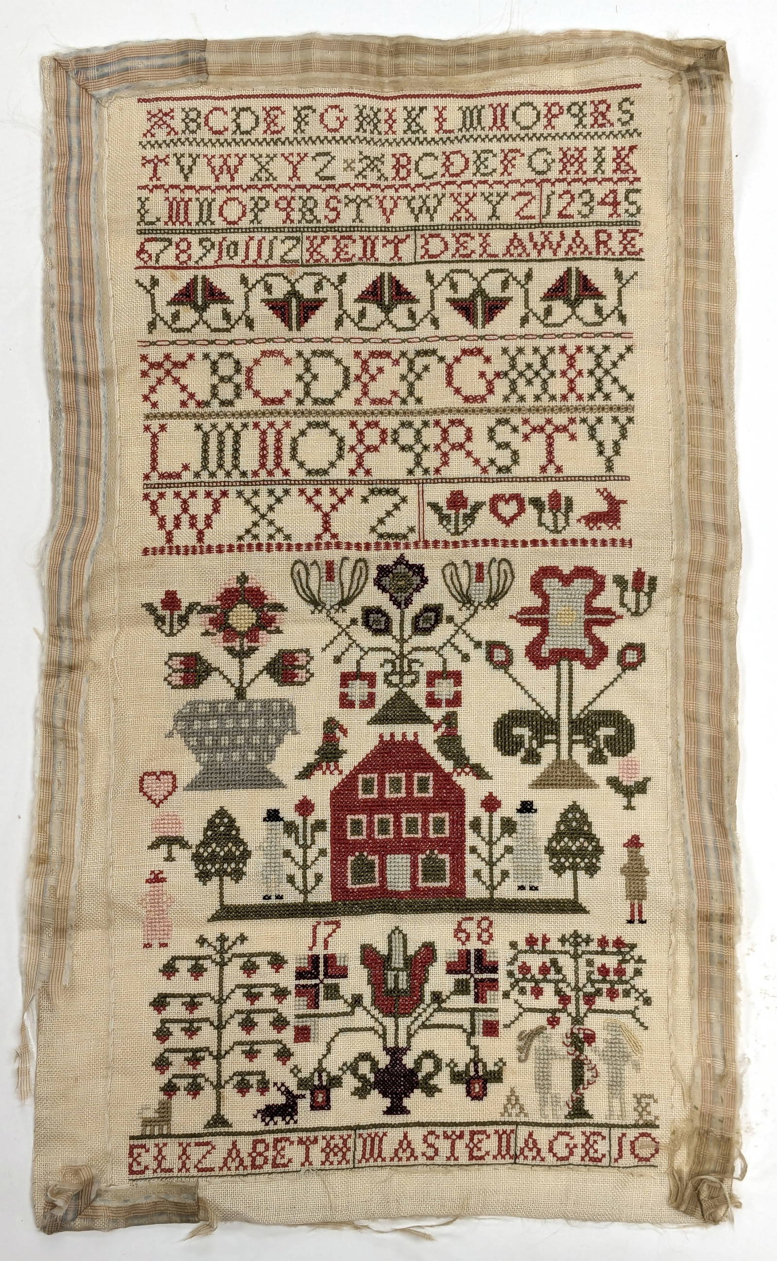 1768 Needlework Sampler Done By Elizabeth Masten, Age 10. Depicting ...