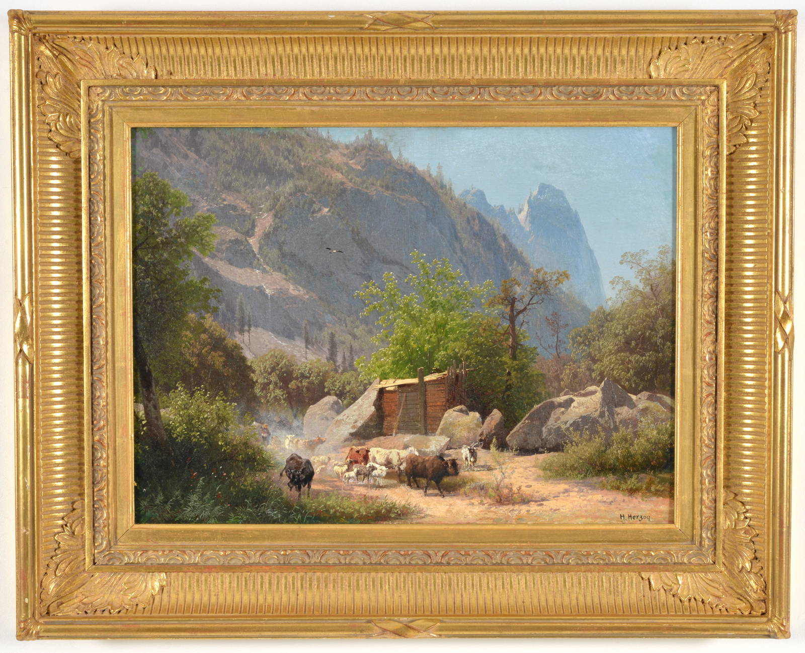 Hermann Herzog. Mountain Landscape With Cattle And Sheep Being Herded ...