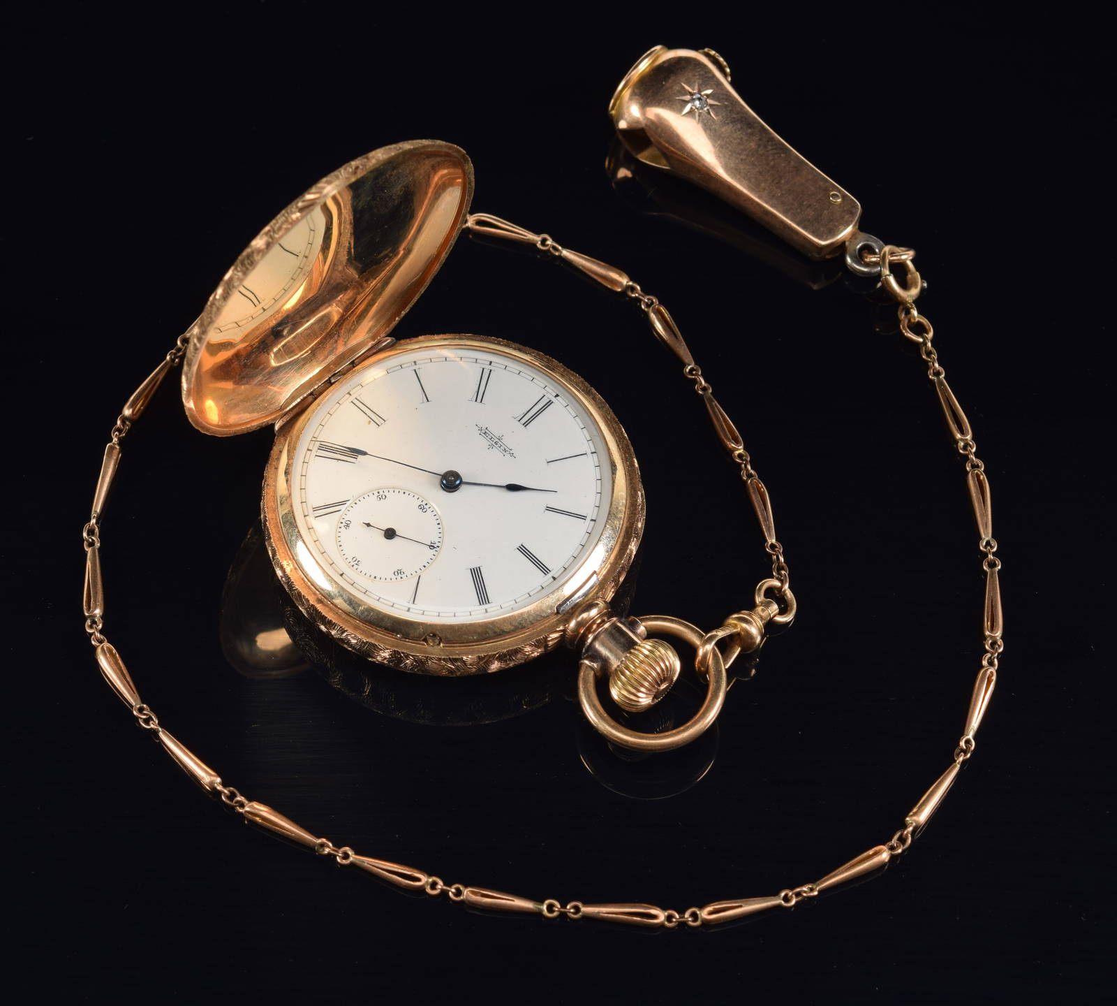 Elgin Gold Plated Pocket Watch With 14k Gold Fob Cigar Cutter. 13in ...