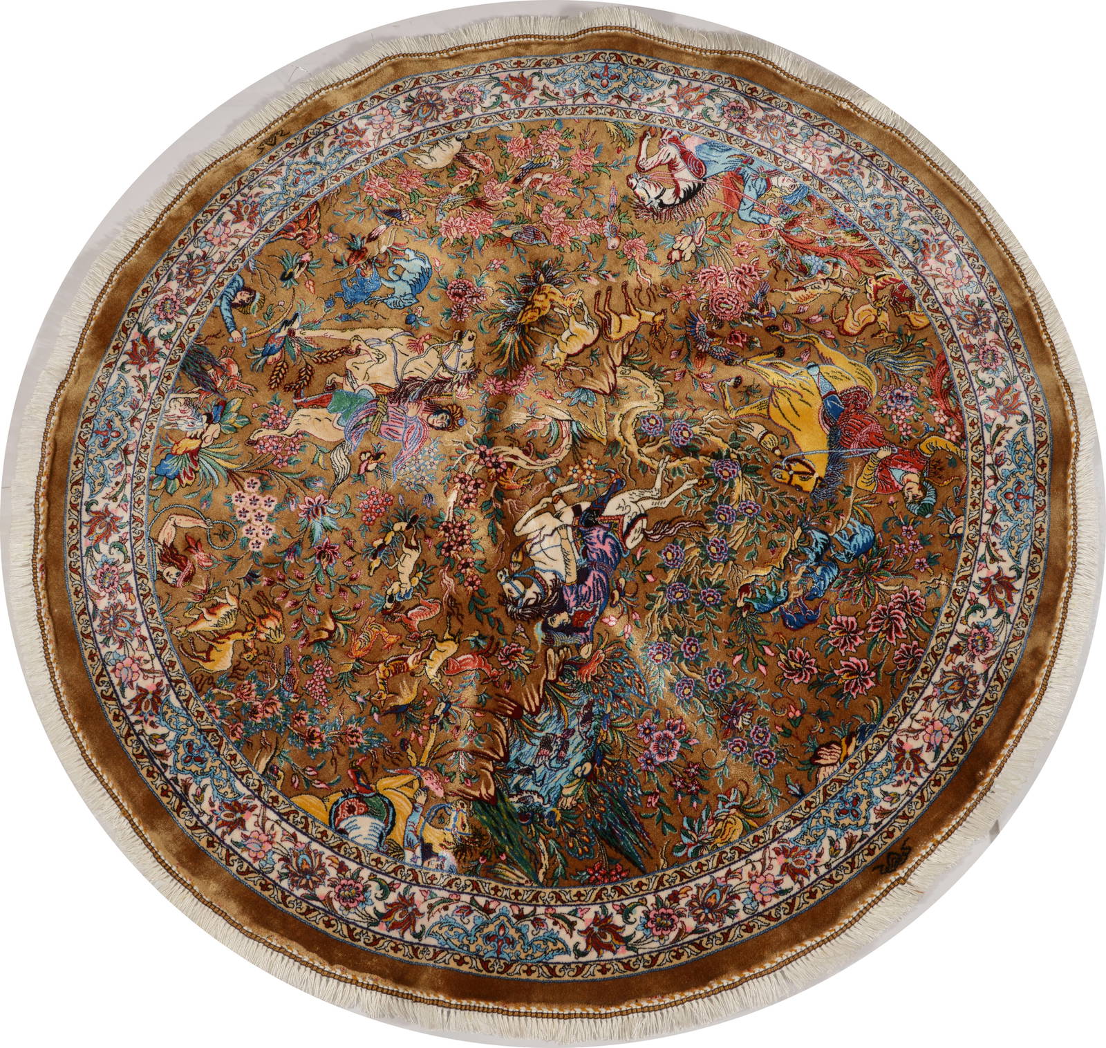 Qum Silk Hand Knotted Round Area Rug With Hunting Scene Motif On A Gold ...