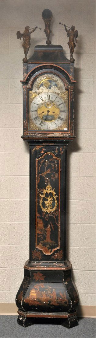 Dutch-style 18th century tall clock, applied painted