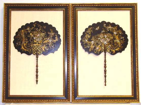 Pair Fine Victorian Paper Mache Fans Gilt Decorati