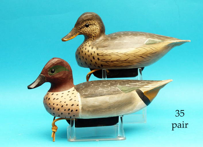 Pair Of Green Wing Teal Gunning Decoys By Jimmy Rhodes.