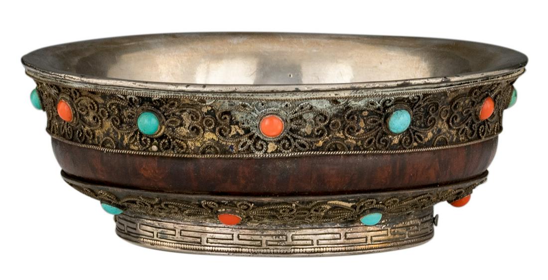 A Sino Tibetan Silver And Wooden Tsampa Bowl, Inlaid