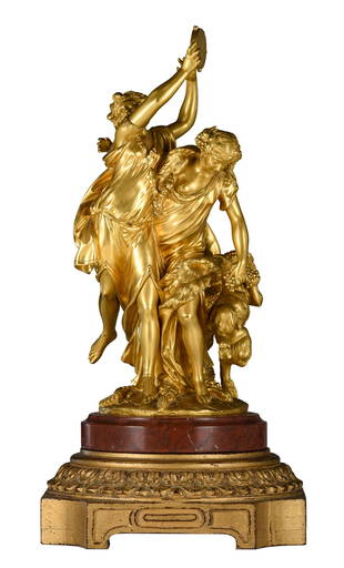 (BIDDING ONLY ON CARLOBONTE.BE) Clodion, a Bacchanal group, gilt bronze on Rouge Napoleon marble ...