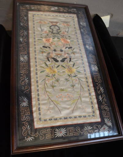 Antique Framed Silk Chinese Table Runner