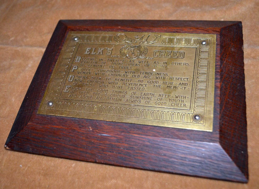 Antique Elks Lodge Brass Plaque On Wood Mount
