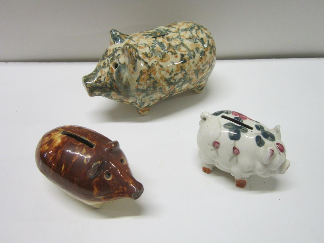 3 Vintage Glazed Pottery Pig Banks