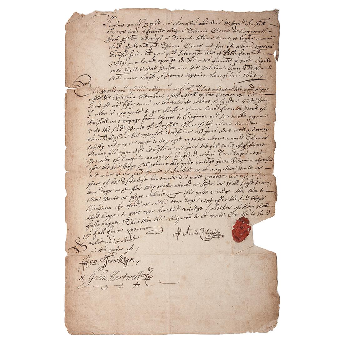 Very Early Southern Colonial Manuscript, 1665 Virginia